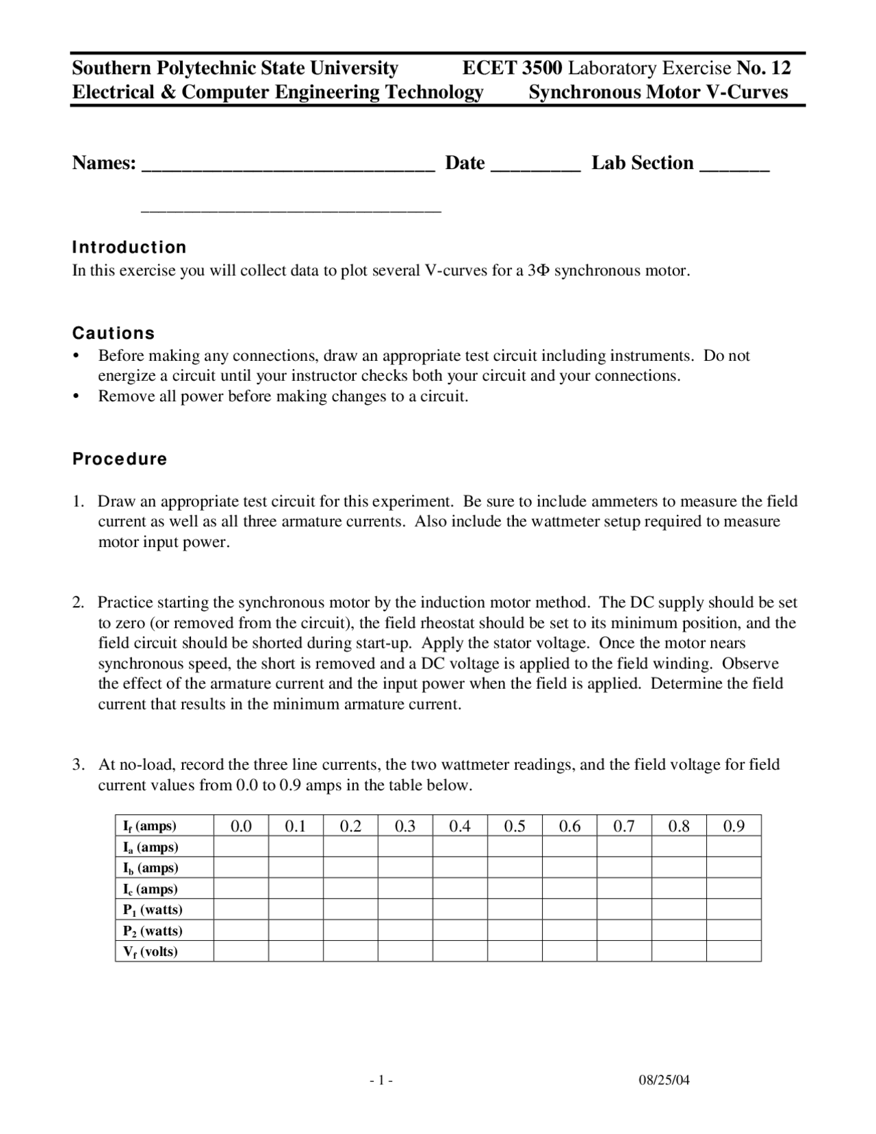 Laboratory Exercise 12 Survey Of Electric Machines Ecet 3500 Docsity