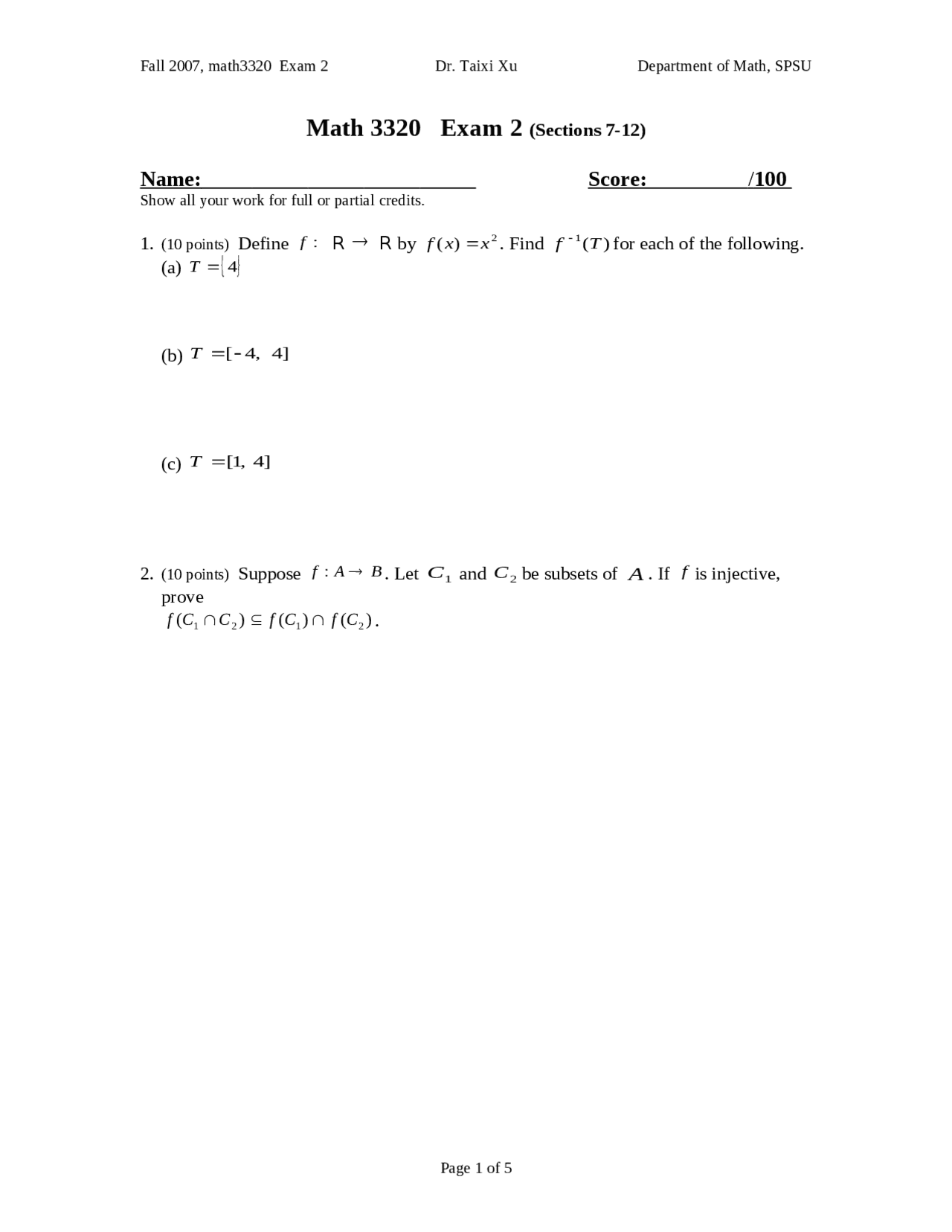 Differential Equations - Practice Exam 2 | MATH 3320 - Docsity