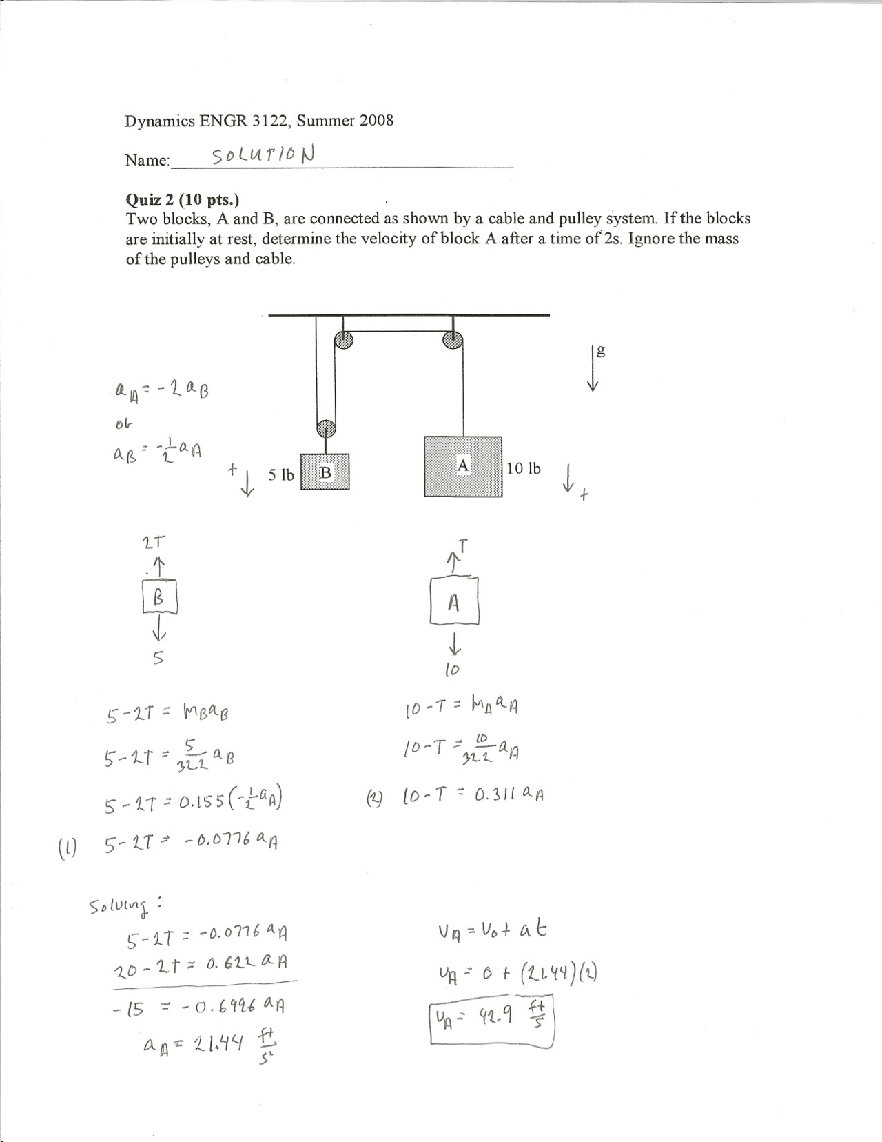 Quiz 2 with Solution - Engineering Mechanics Dynamics | ENGR 3122 - Docsity