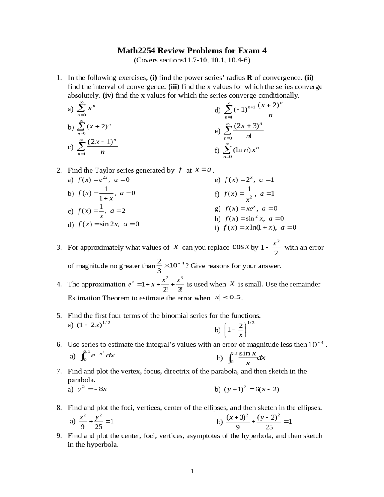 Review Problems for Exam 4 - Calculus II | MATH 2254 - Docsity