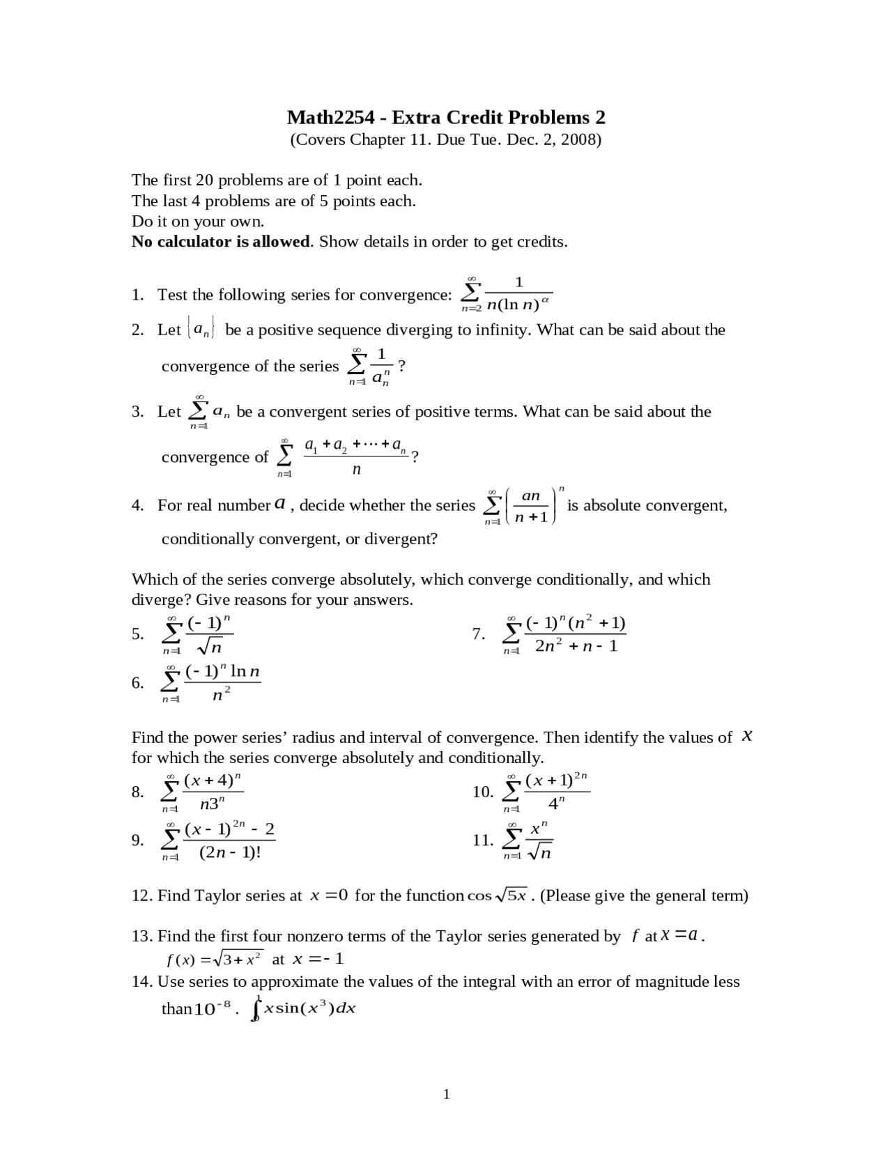 24 Problems on Calculus II - Examination - Fall 2008 | MATH 2254 - Docsity