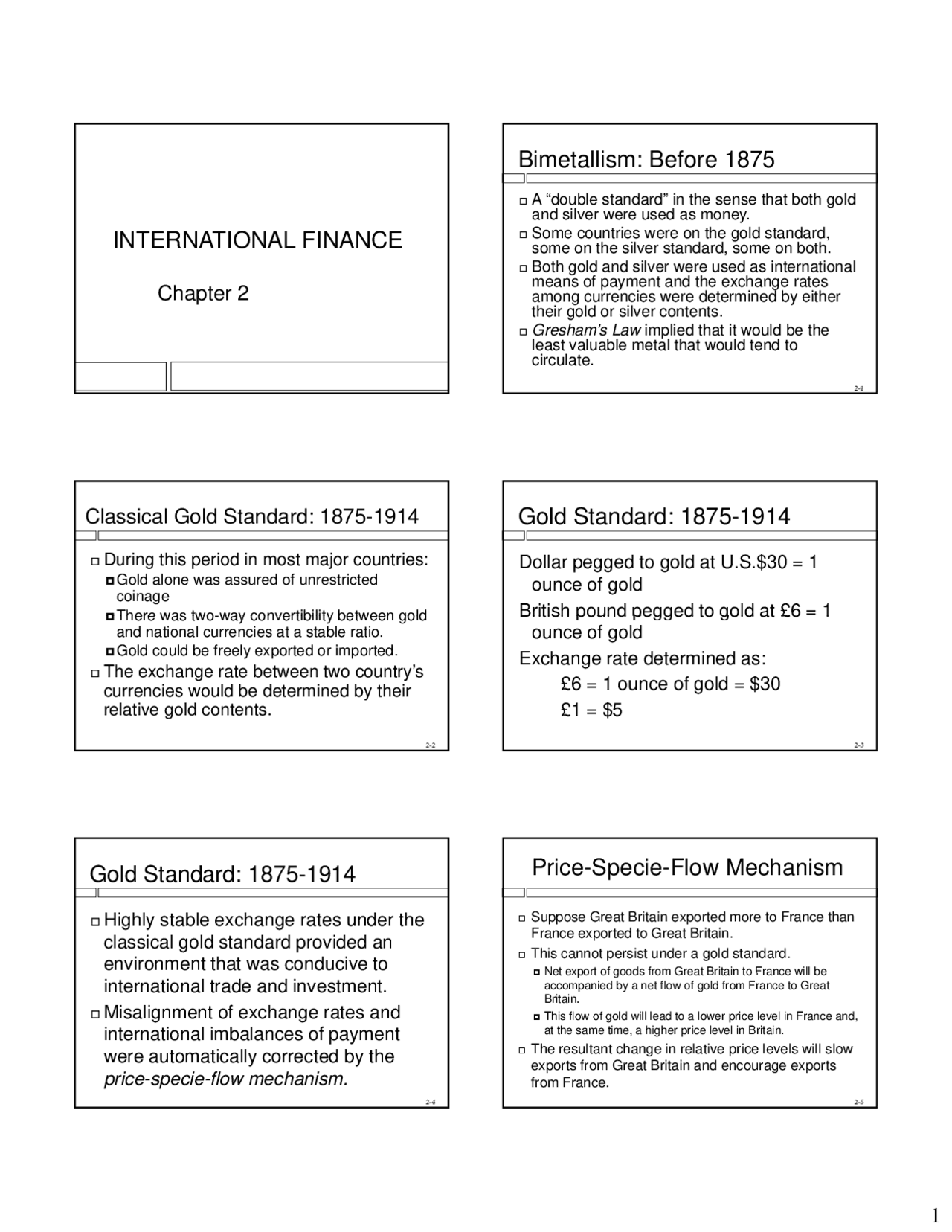 Lecture Slides On International Finance Classical Gold Standard