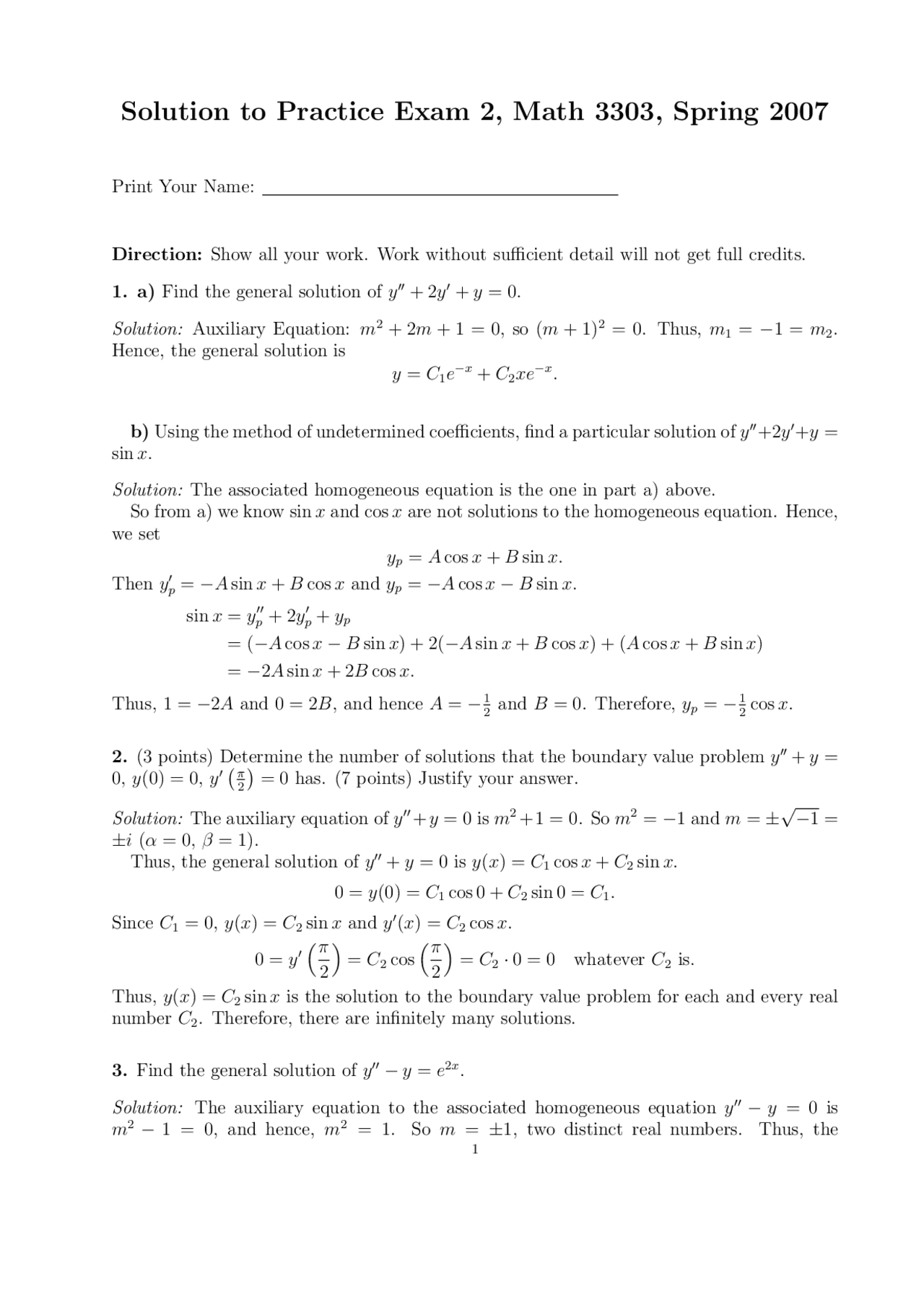 8 Solved Questions In Ordinary Differential Equation Final Exam Math