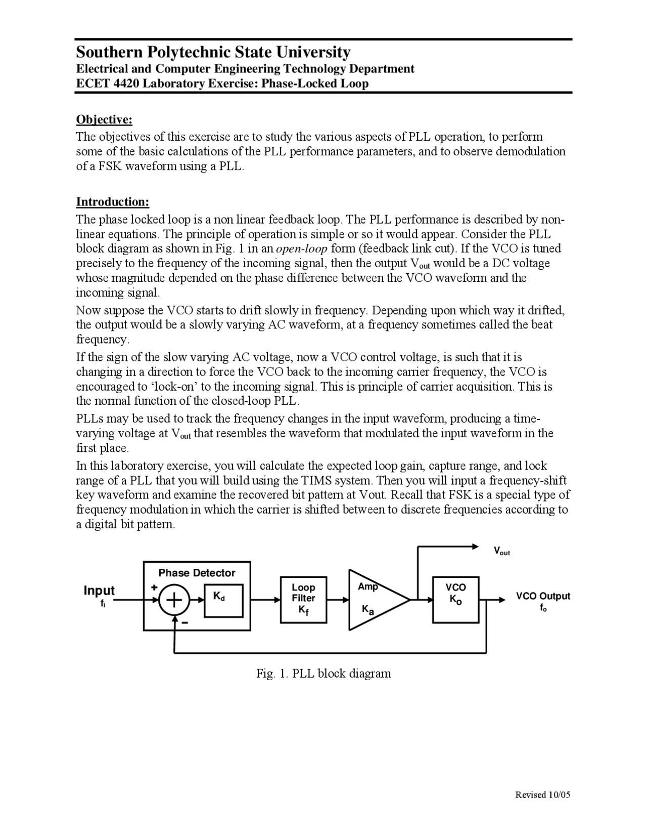 Laboratory Exercise Phase Locked Loop Ecet 4420 Docsity