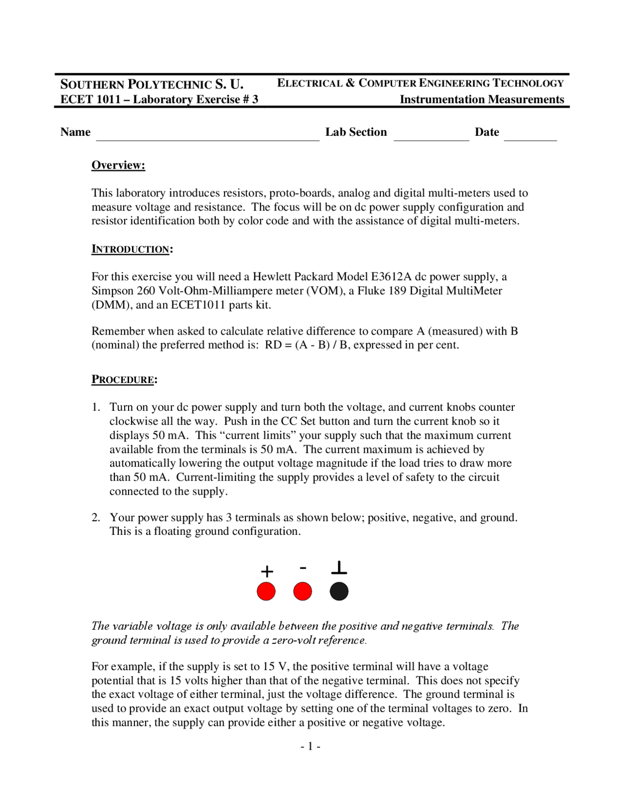 Laboratory Exercise 3 Instrumentation Measurements Ecet 1011 Docsity