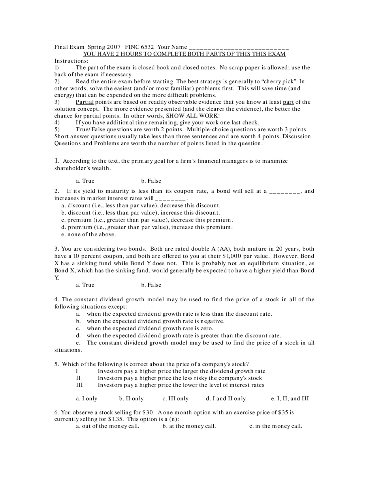 Finance Exam Questions: Capital Budgeting and Valuation - Prof. Charles ...