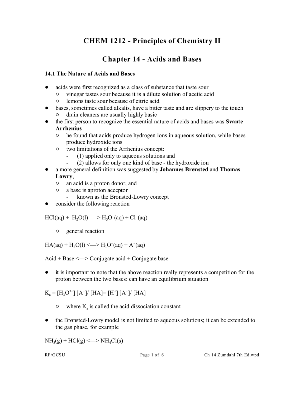 Acids and Bases - Principles of Chemistry I | CHEM 1212 - Docsity