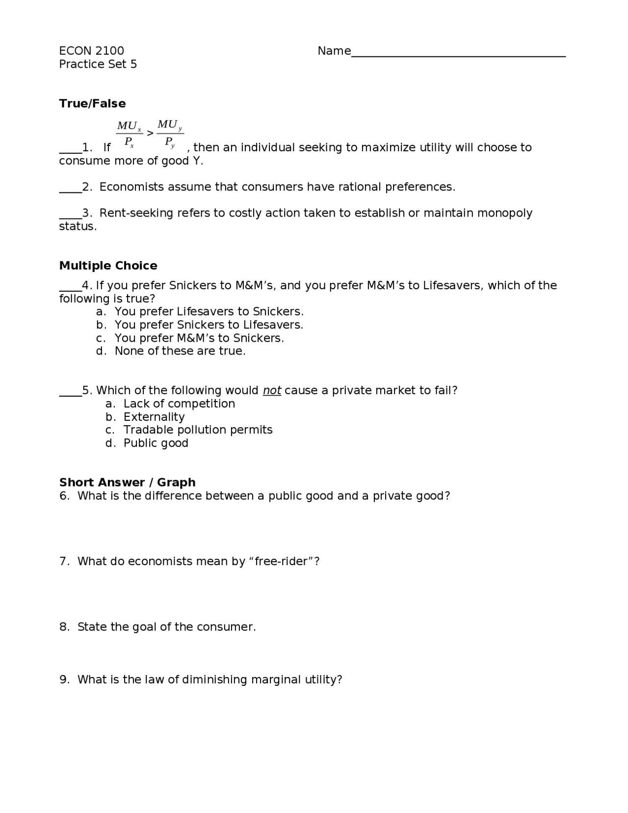 Practice Problem Set 5 Economics And Society Econ 2100 Docsity