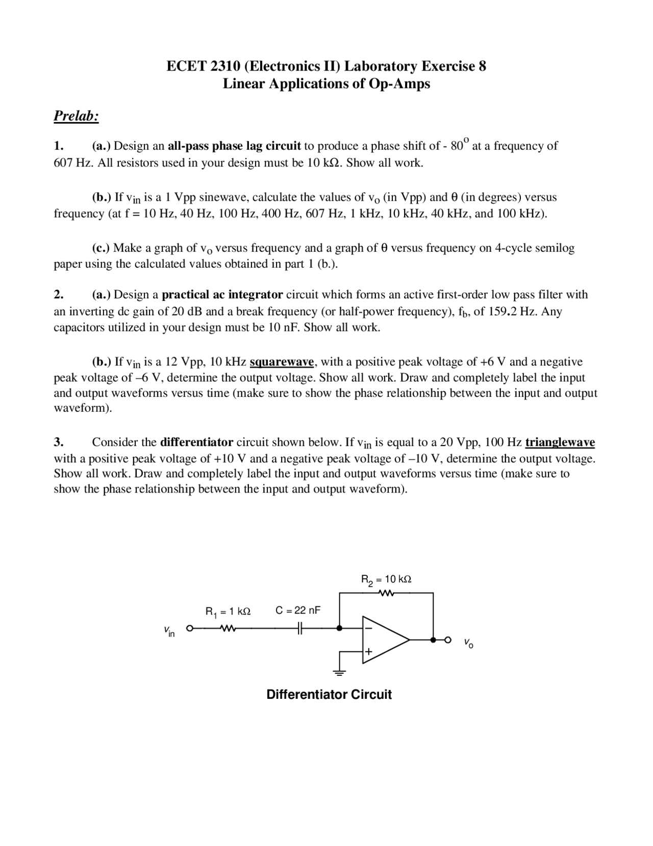 Linear Applications Of Op Amps Laboratory Exercise 8 Ecet 2310