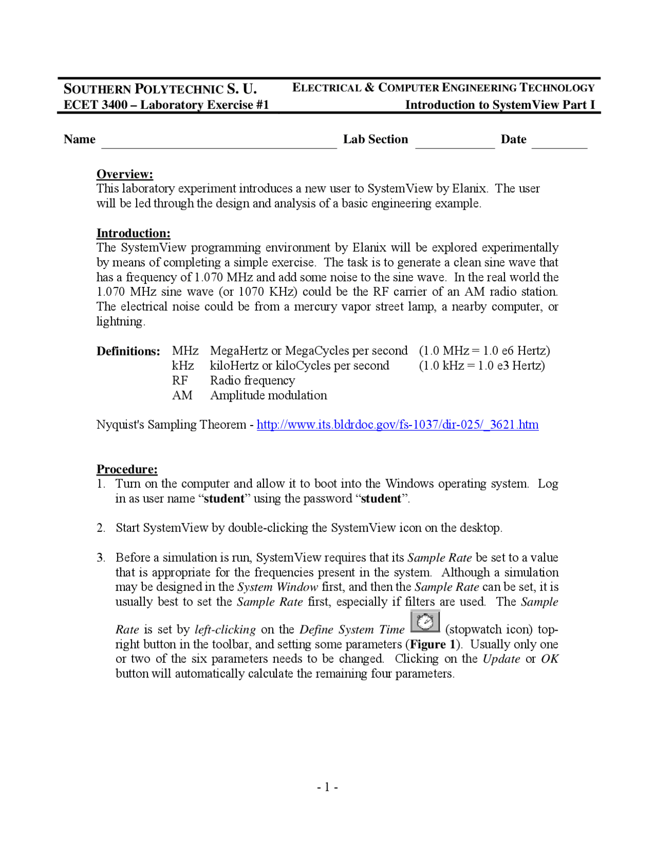 Laboratory Exercise 1 - Introduction to System View Part I | ECET 3400 | Lab Reports Data ...