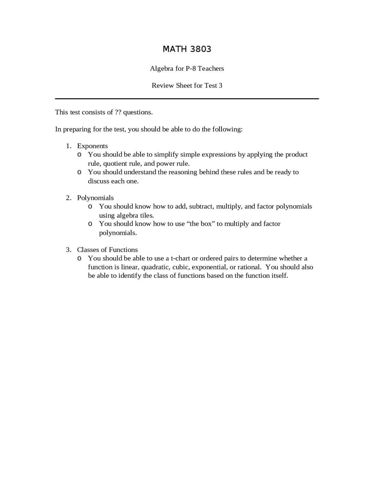 Review Sheet For Test 3 Algebra For Teachers I Math 3803 Docsity