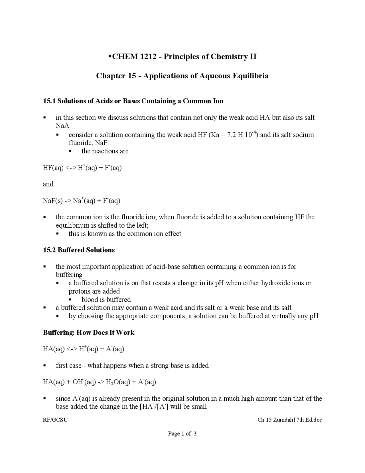 Applications Of Aqueous Equilibria Lecture Notes Chem 1212 Docsity