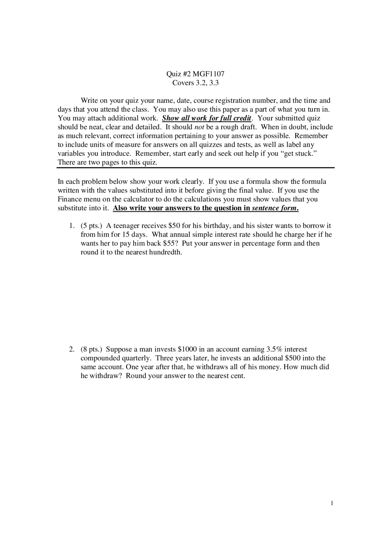 Quiz 2 For Math For Liberal Arts Mgf 1107 Docsity