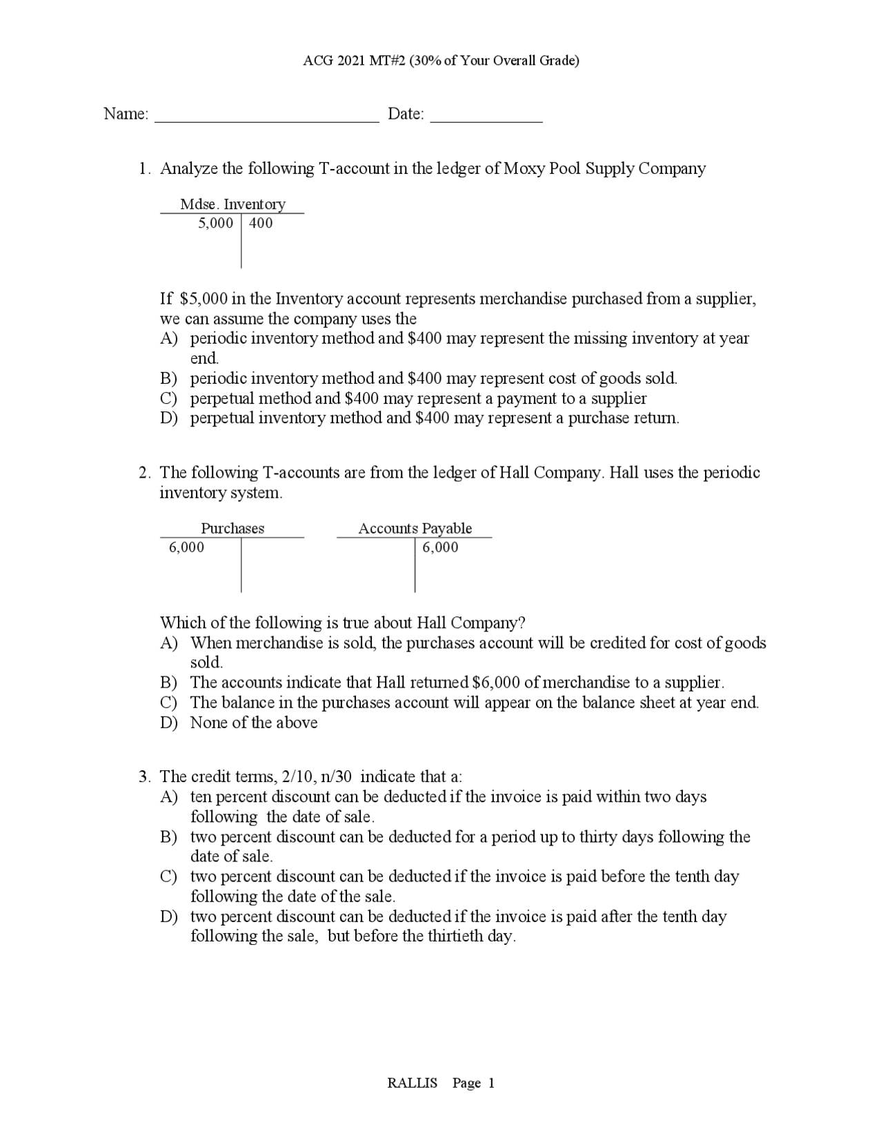 Practice Problems Set For Principles Of Financial Accounting Acg 2021