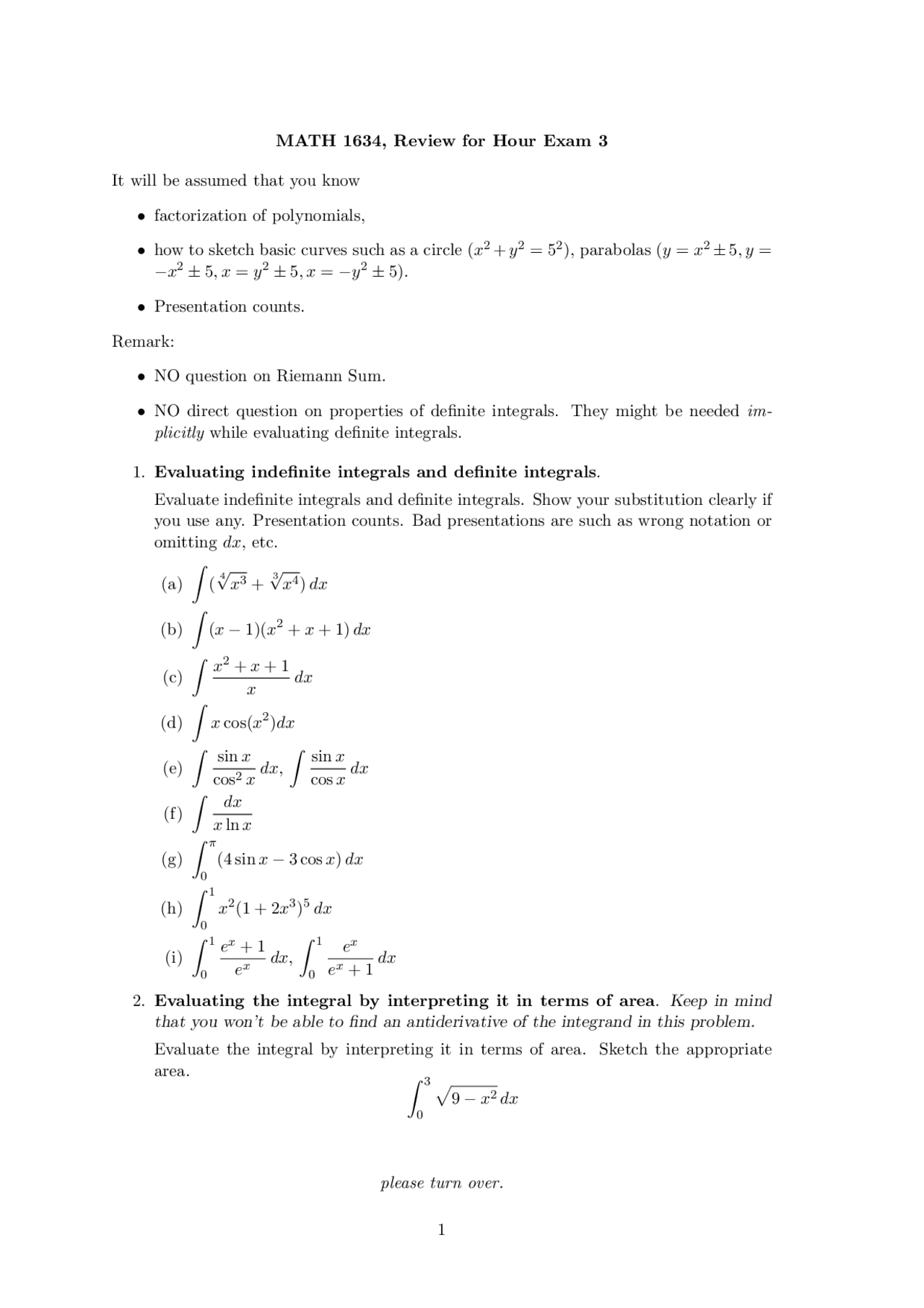 Exam 3 Review Sheet Calculus I Math 1634 Docsity