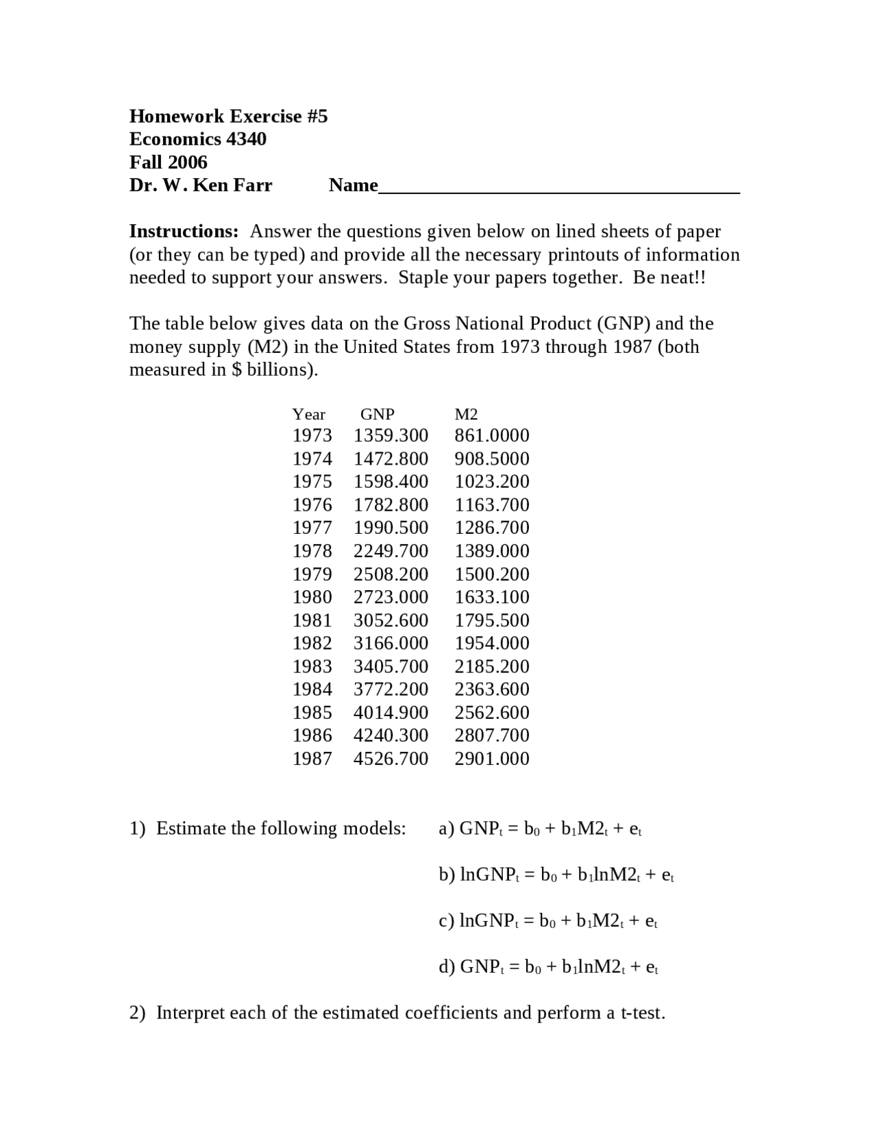 5 Questions on Gross National Product - Assignment 5 | ECON 4340 - Docsity
