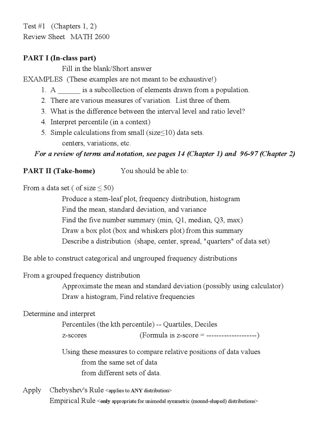 Exam 1 Review Sheet for Probability and Statistics | MATH 2600 - Docsity