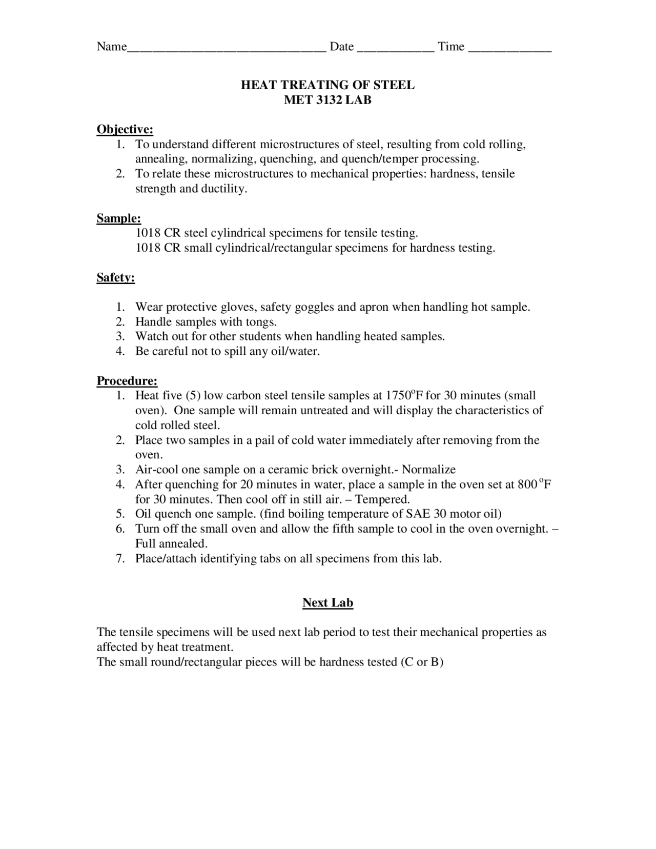 Heat Treating of Steel - Laboratory | MET 3132 - Docsity