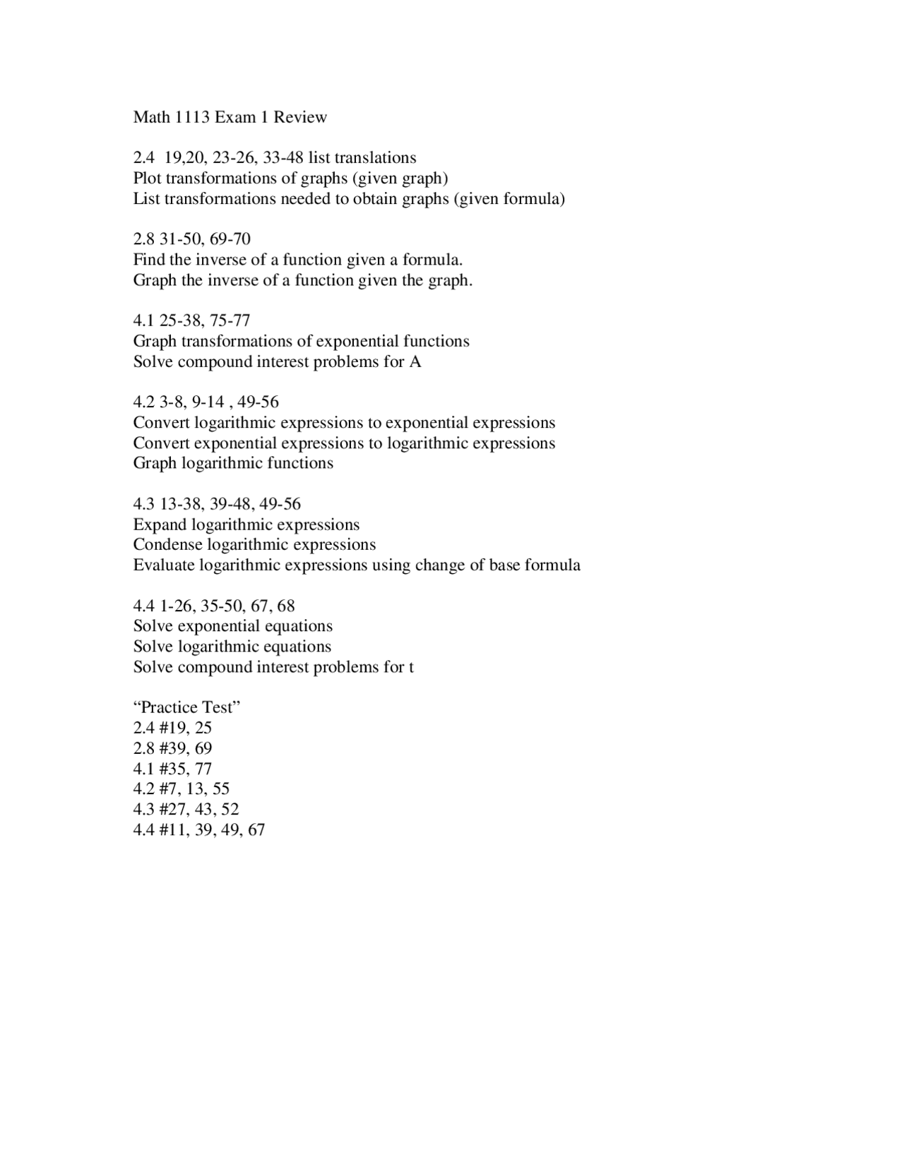 Review For Exam 1 Precalculus Math 1113 Docsity