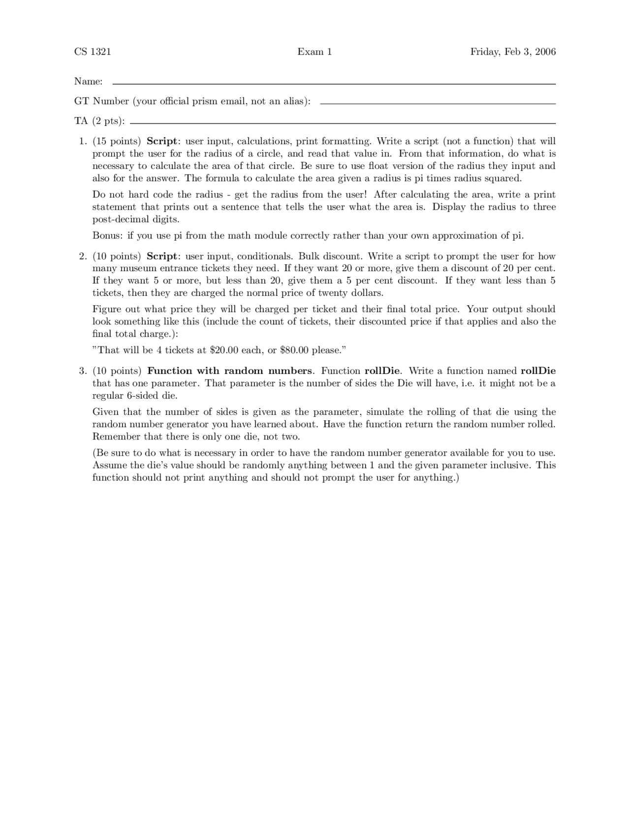 7 Questions On Function With Random Number Exam 1 Cs 1301 Docsity