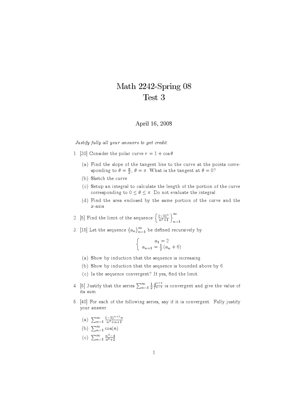 Sample Questions for Test 3 - Calculus II | MATH 2242 - Docsity