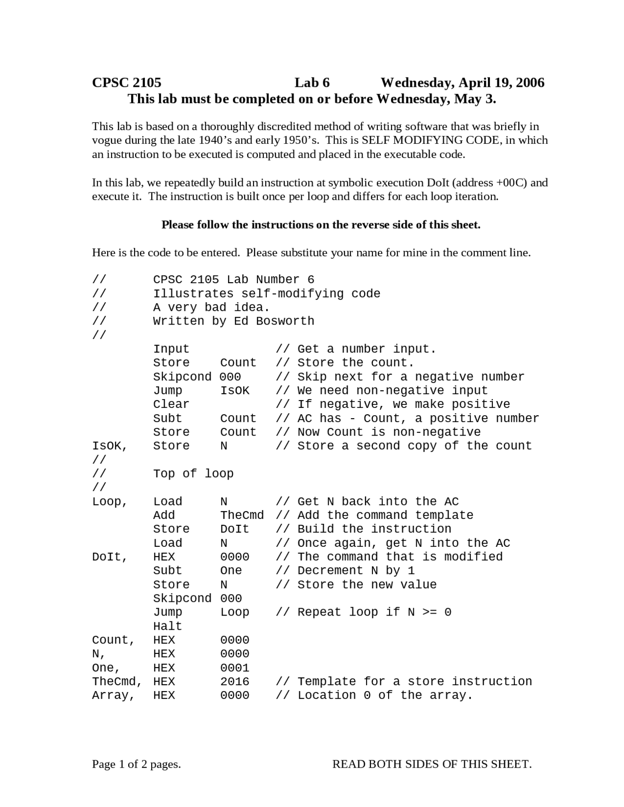 Methods Of Writing Software Computer Organization Lab 6 Cpsc 2105 Docsity