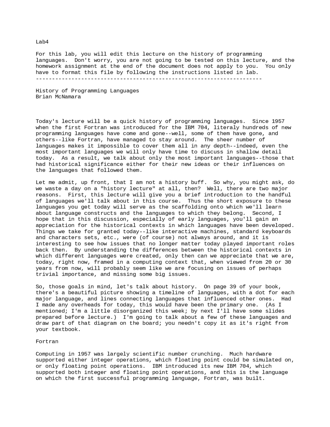 History Of Programming Languages Lab 4 Cs 1315 Docsity