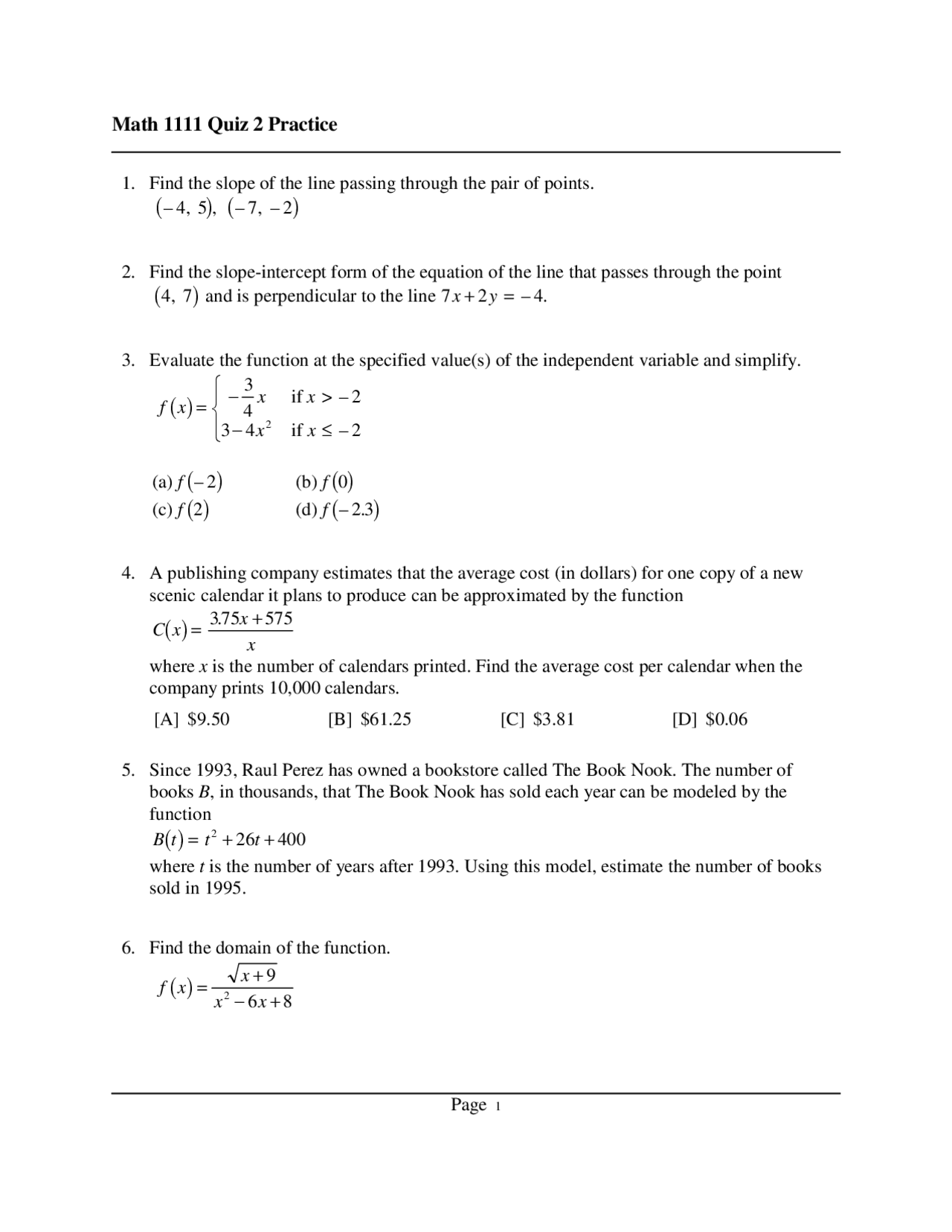 Quiz 2 Practice Problems - College Algebra | MATH 1111 - Docsity