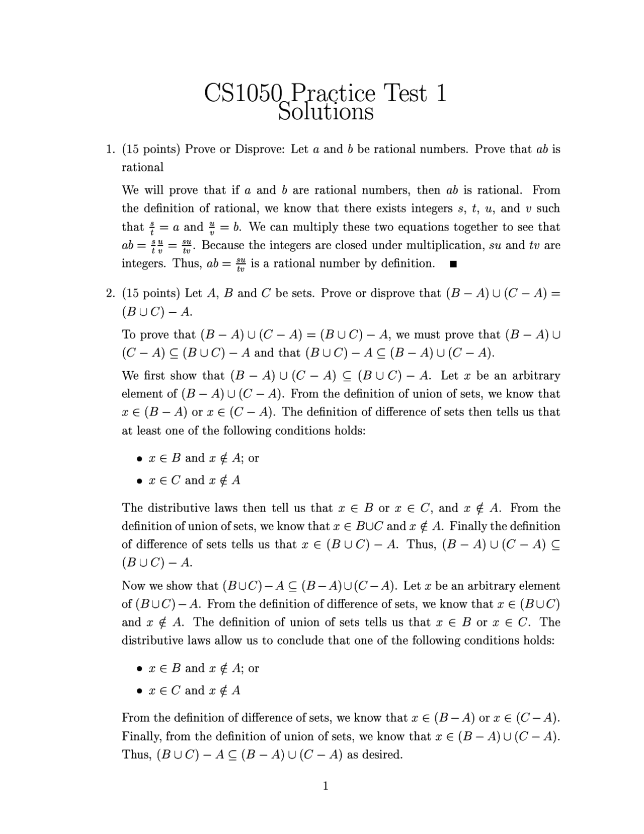Solutions For Practice Exam 1 Constructing Proofs Cs 1050 Docsity
