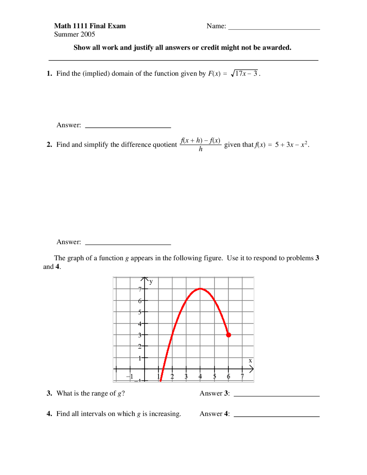 Practice Final Exam - College Algebra | MATH 1111 - Docsity