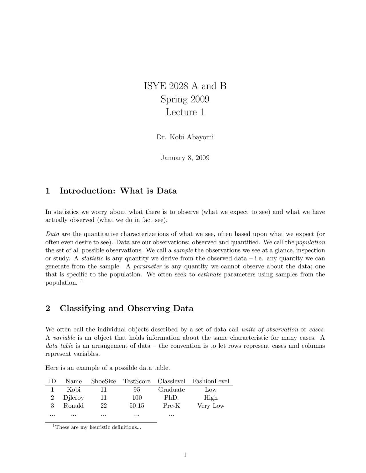What Is Data Lecture Notes Basic Statistical Methods Isye 2028