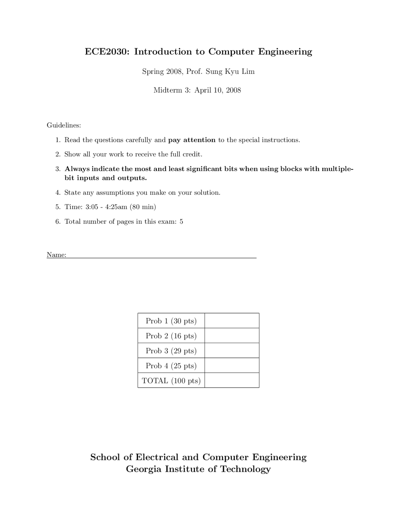 Introduction To Computer Engineering Exam 3 Ece 2030 Docsity