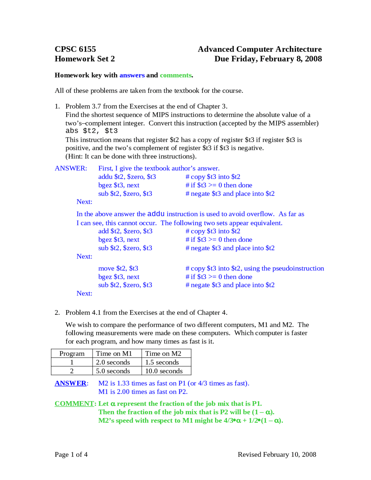 Homework 2 With Answers Key And Comments Advanced Computer Architecture Cpsc 6155 Docsity