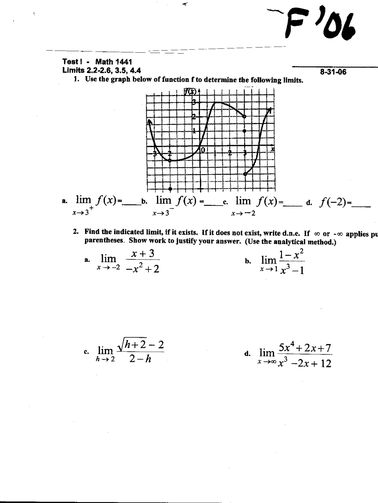 10 Problems For Exam 1 Calculus I Math 1441 Docsity