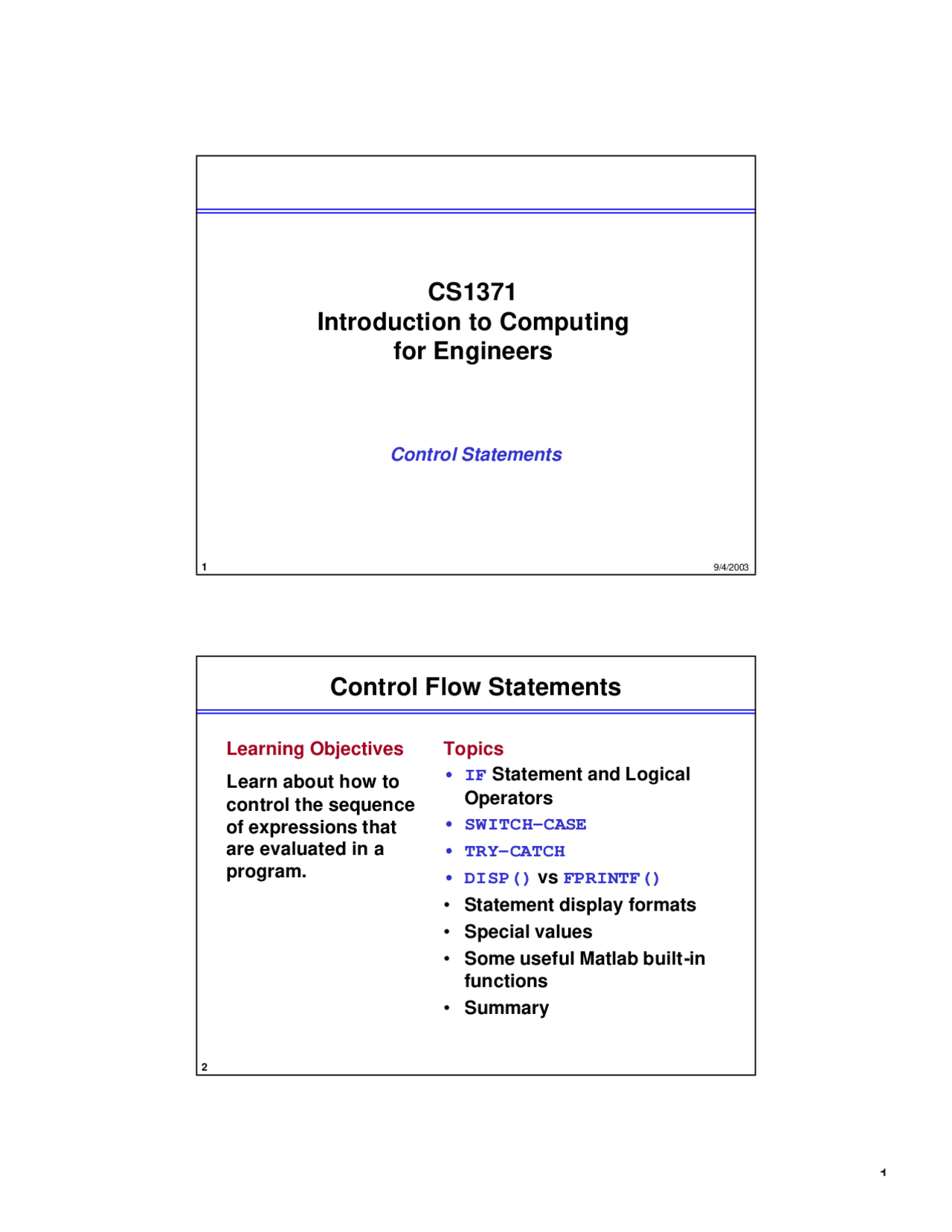 Control Flow Statements Computing For Engineers Slides Cs 1371 Docsity