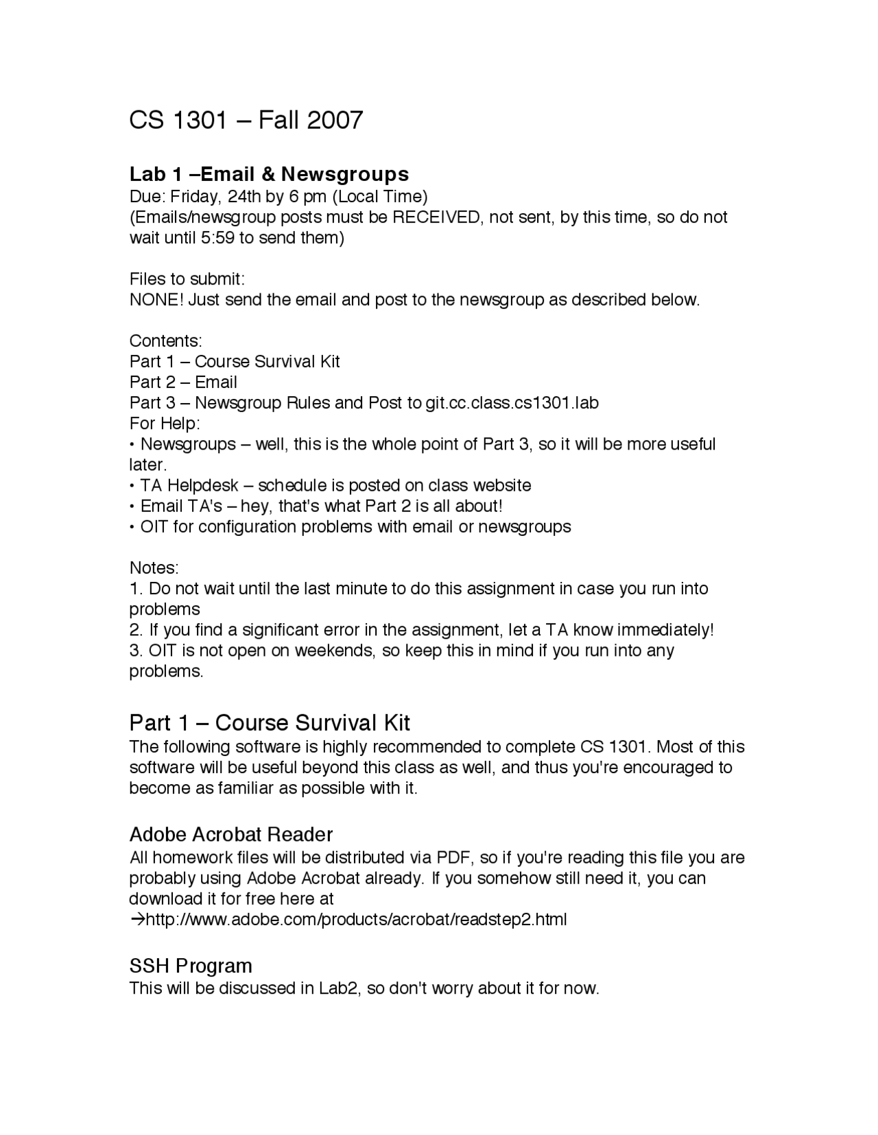 Email and Newsgroups - Introduction to Computing - Lab 1 | CS 1301 - Docsity