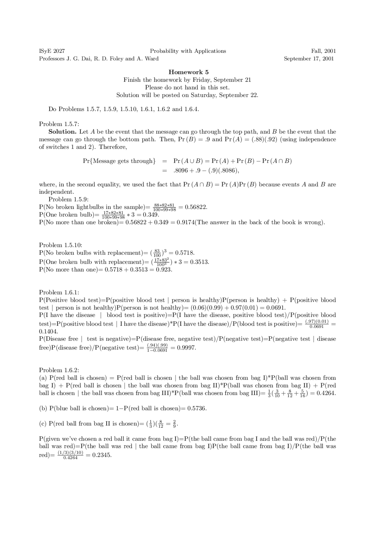 Probability Homework Solutions for ISyE 2027, Fall 2001 | Assignments Systems Engineering | Docsity