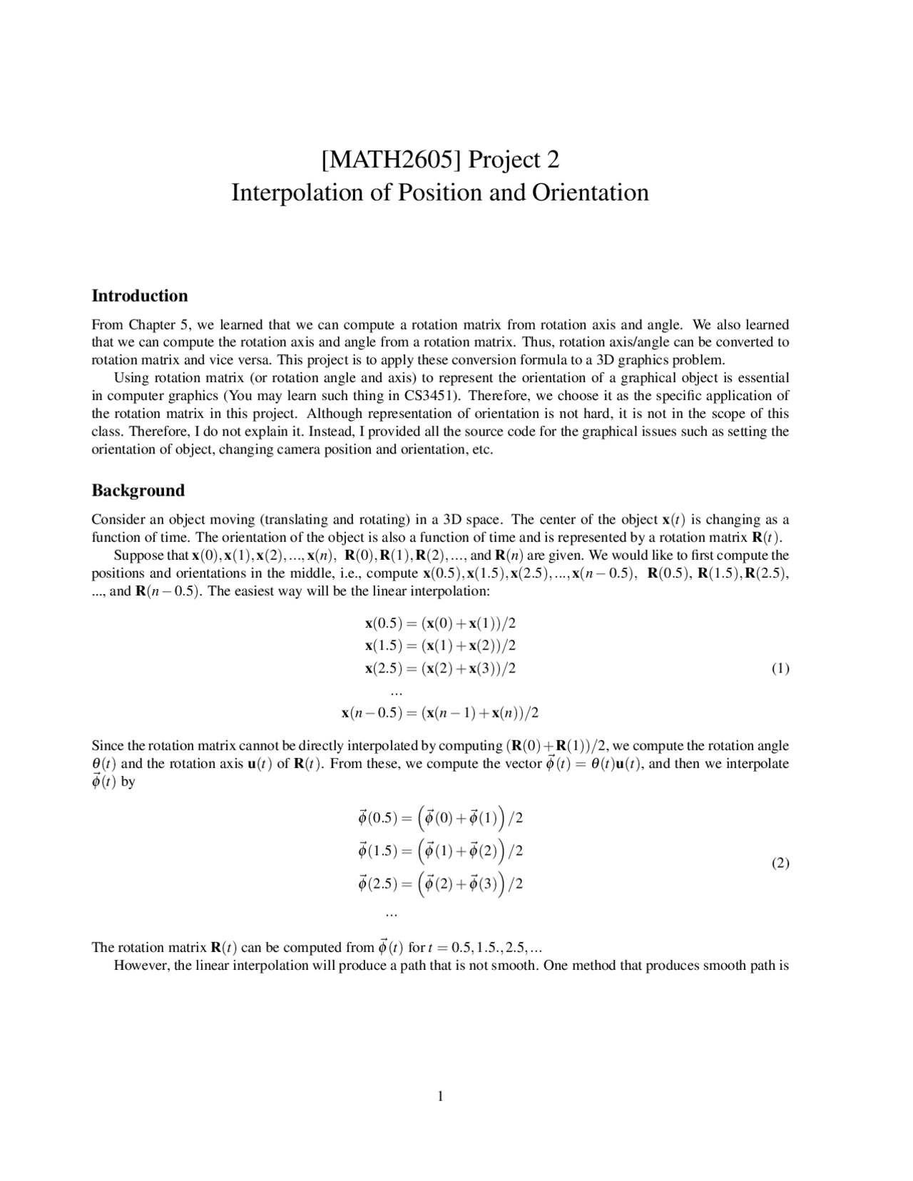 Interpolation Of Position And Orientation Project 2 Math 2605 Docsity