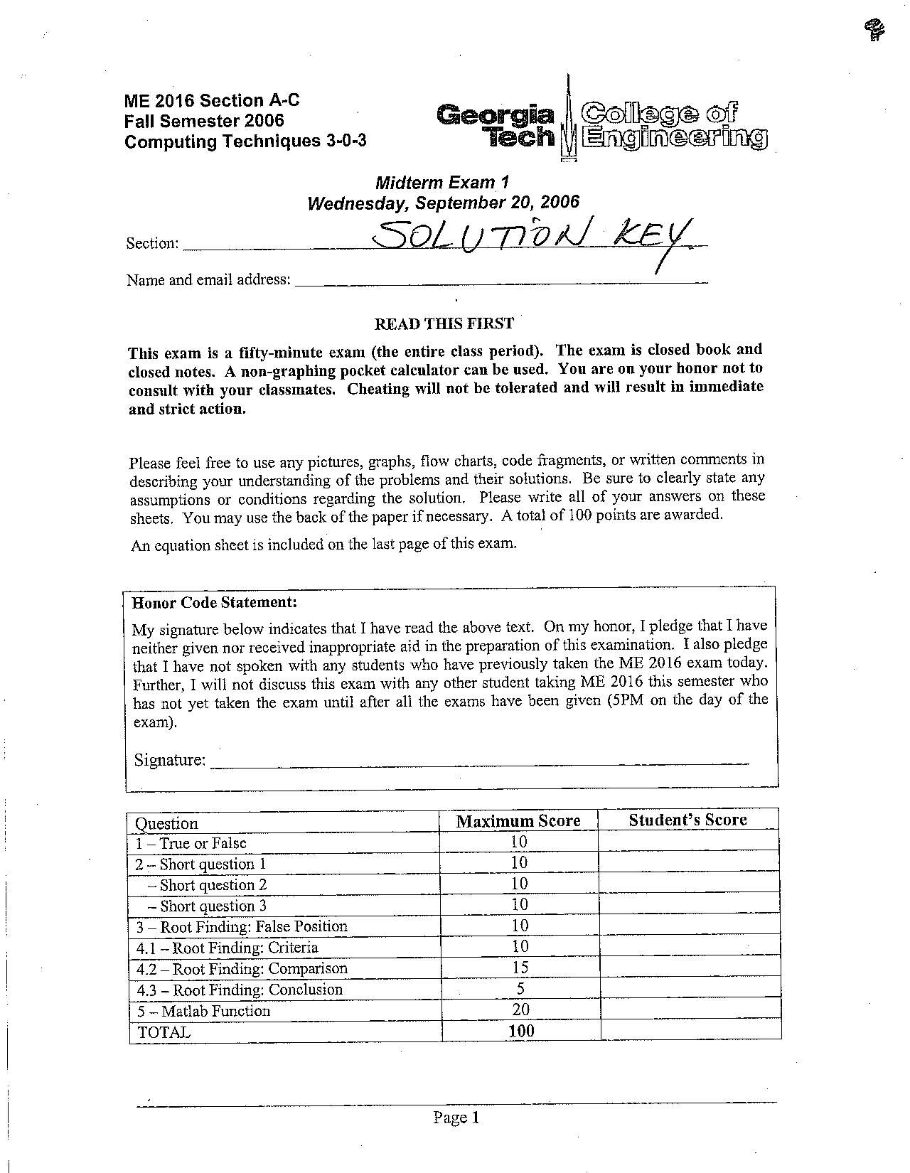 Midterm Exam 1 Solutions Computing Techniques Me 2016 Docsity