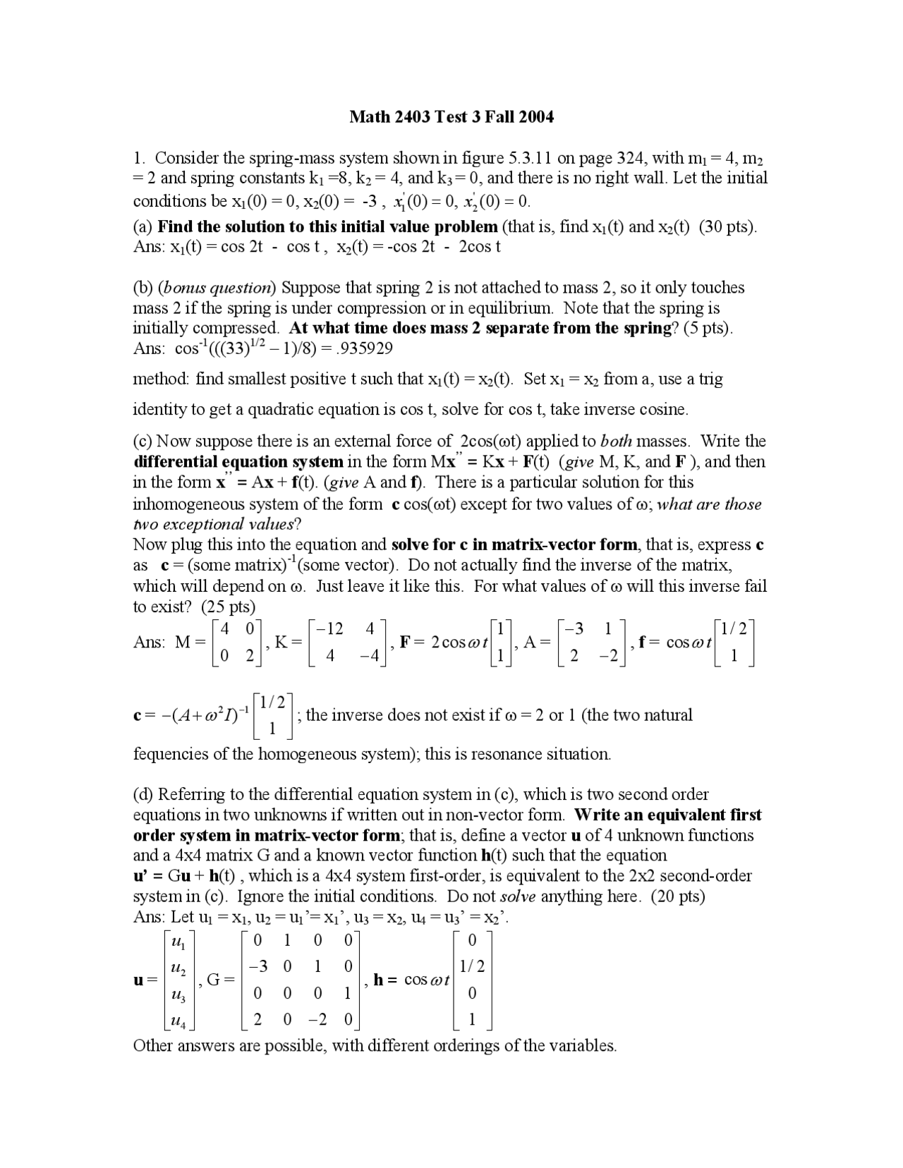 Test 3 Problems Differential Equations Fall 2004 Math 2403 Docsity