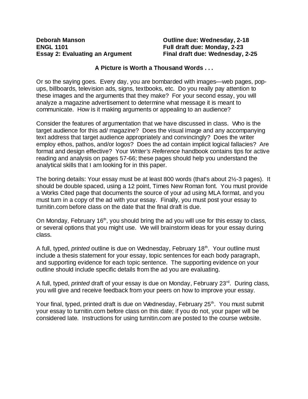 Essay 2 Evaluating An Argument Engl 1101 Docsity