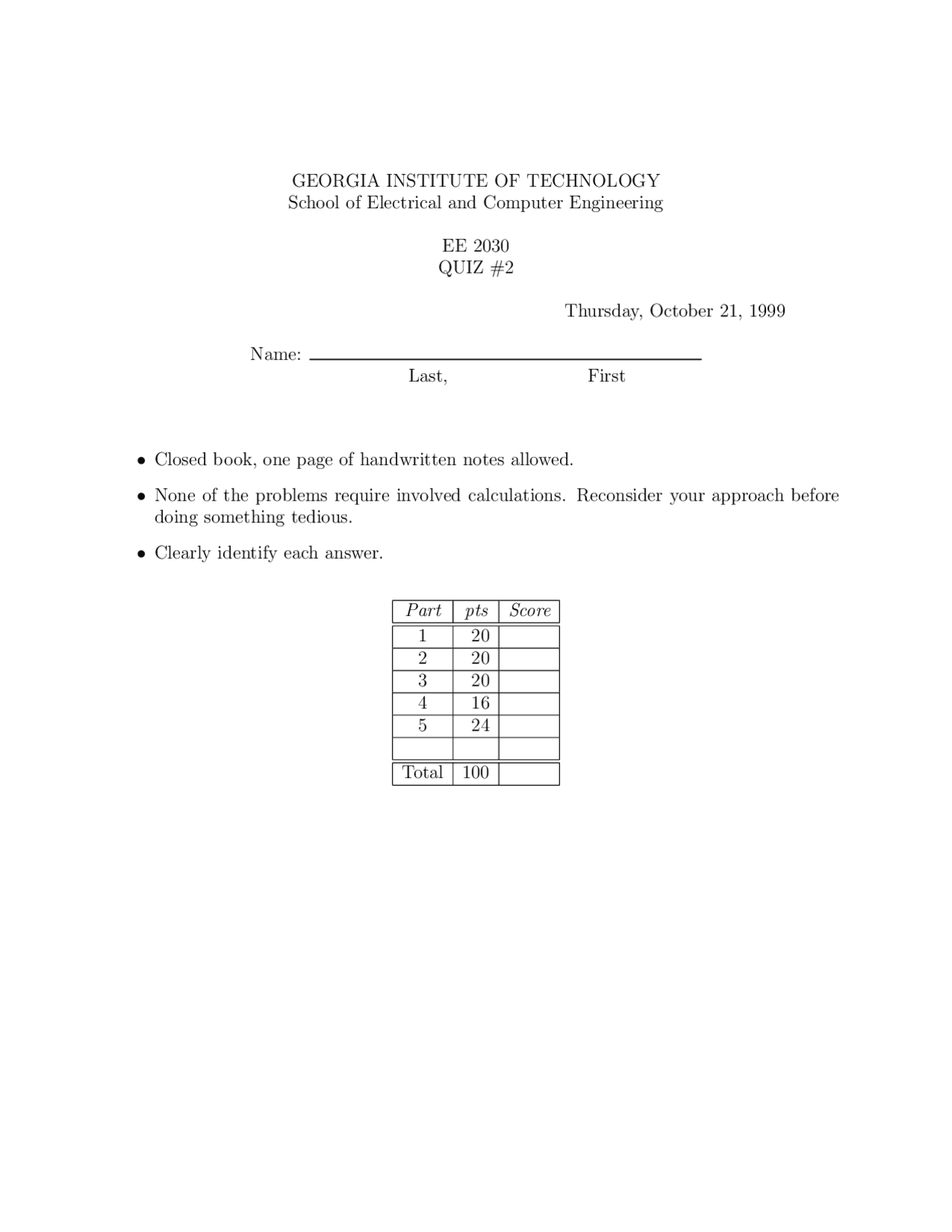5 Problems for Quiz 2 - Introduction to Computer Engineering | ECE 2030 - Docsity