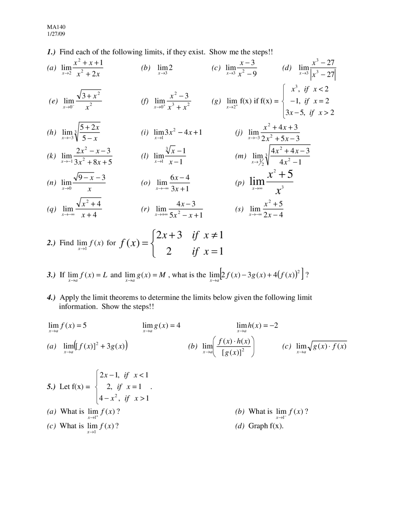 9 Questions on Calculus I - Quiz 1 | MA 140 - Docsity