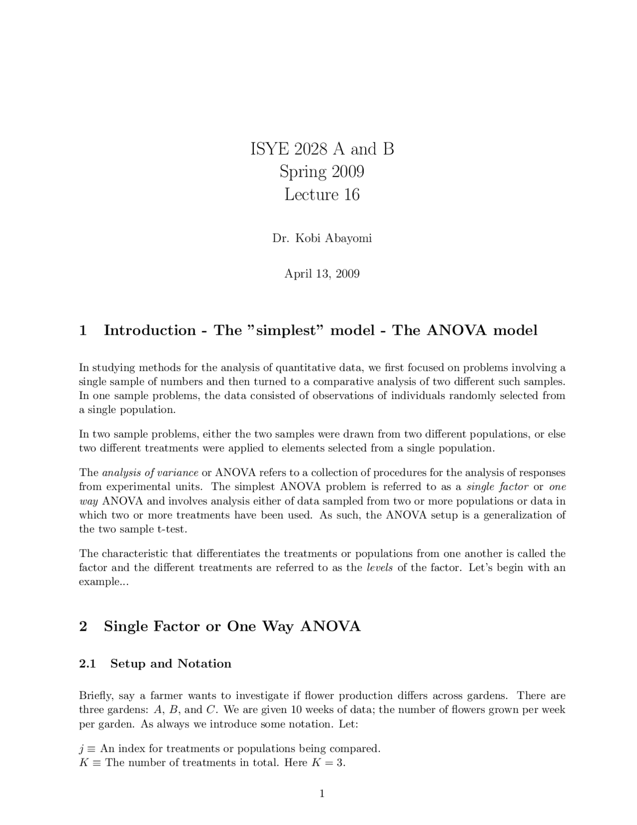 Setup And Notation Basic Statistical Methods Spring 2009 Isye