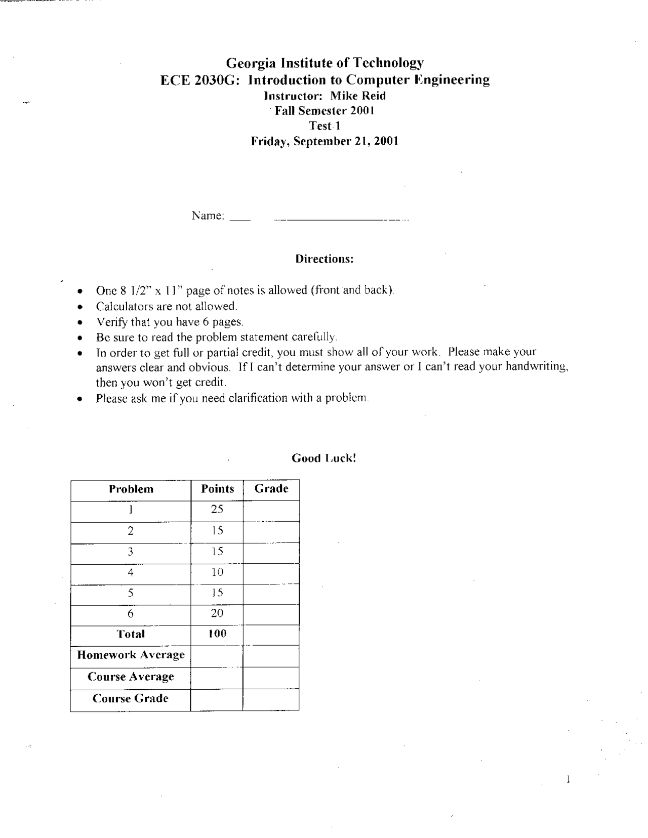 Exam 1 Practice Problems - Introduction to Computer Engineering | ECE 2030 - Docsity