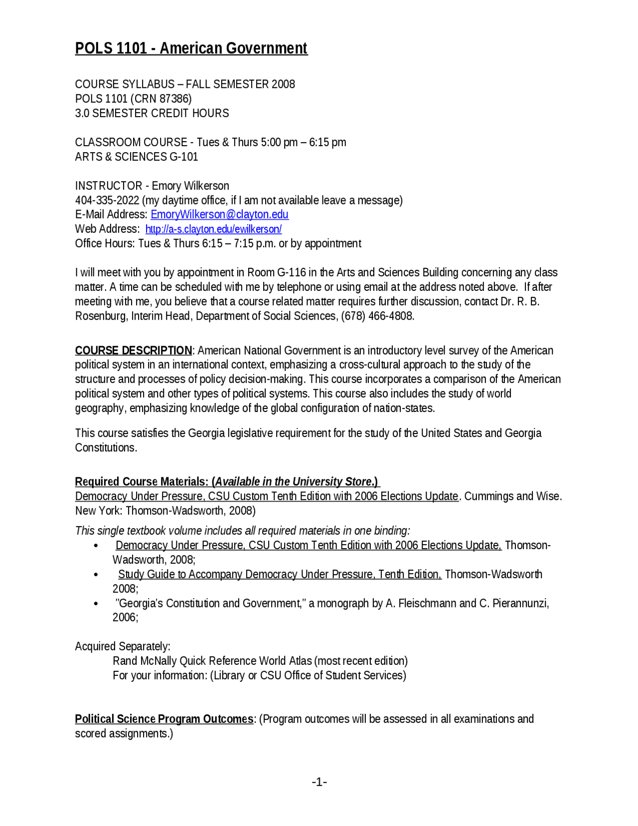 Syllabus On American Government Pols 1101 Docsity