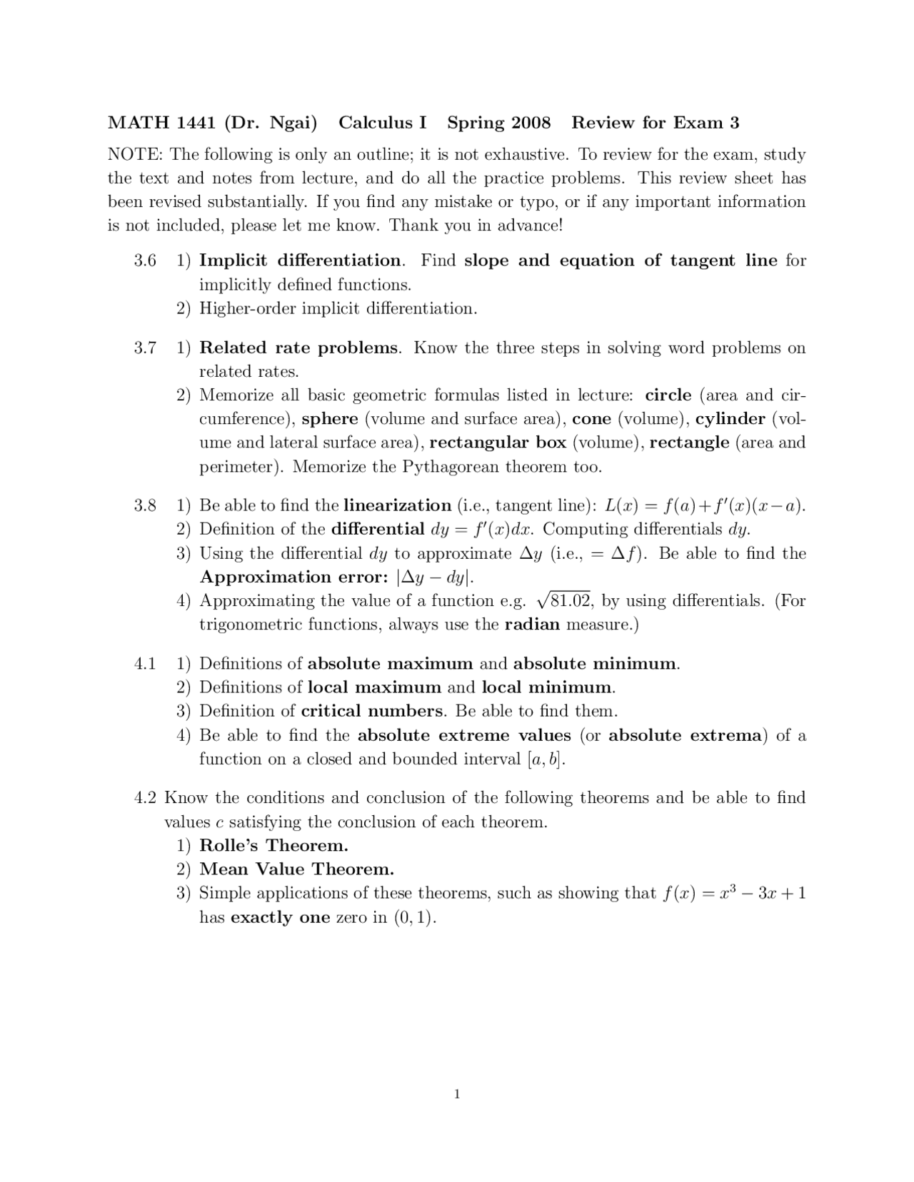 Review Sheet For Exam 3 Calculus I Math 1441 Docsity