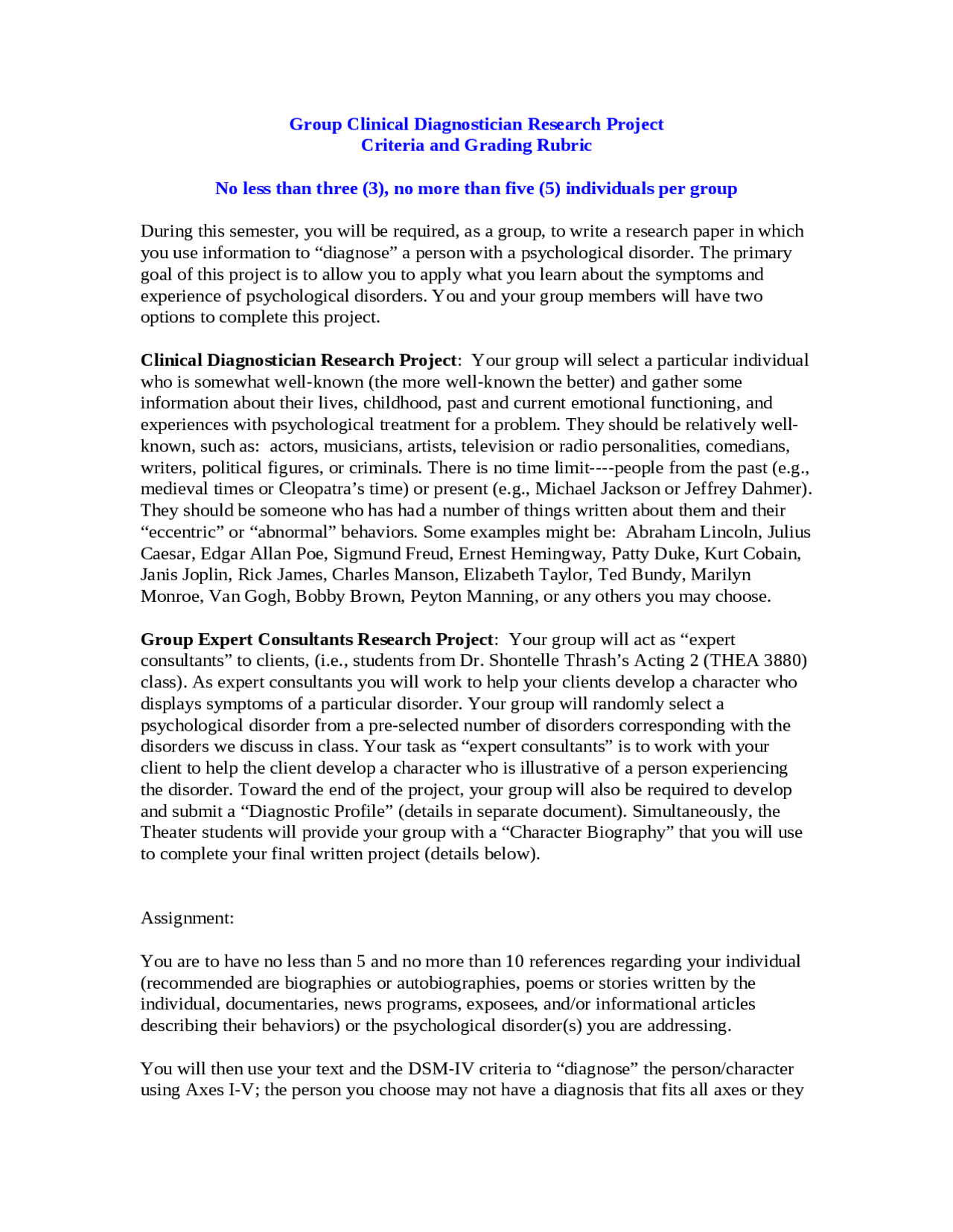 Group Clinical Diagnostician Research Project: Psychological Disorder ...