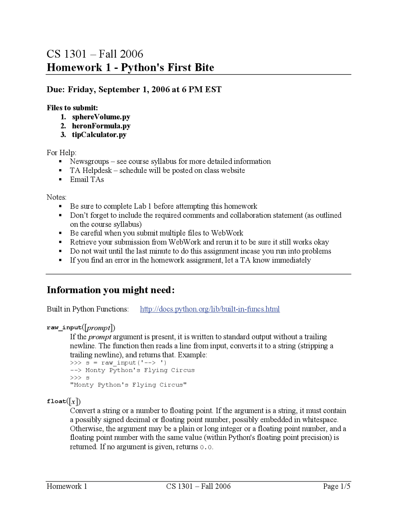 Homework 1 Python S First Bite Cs 1301 Docsity