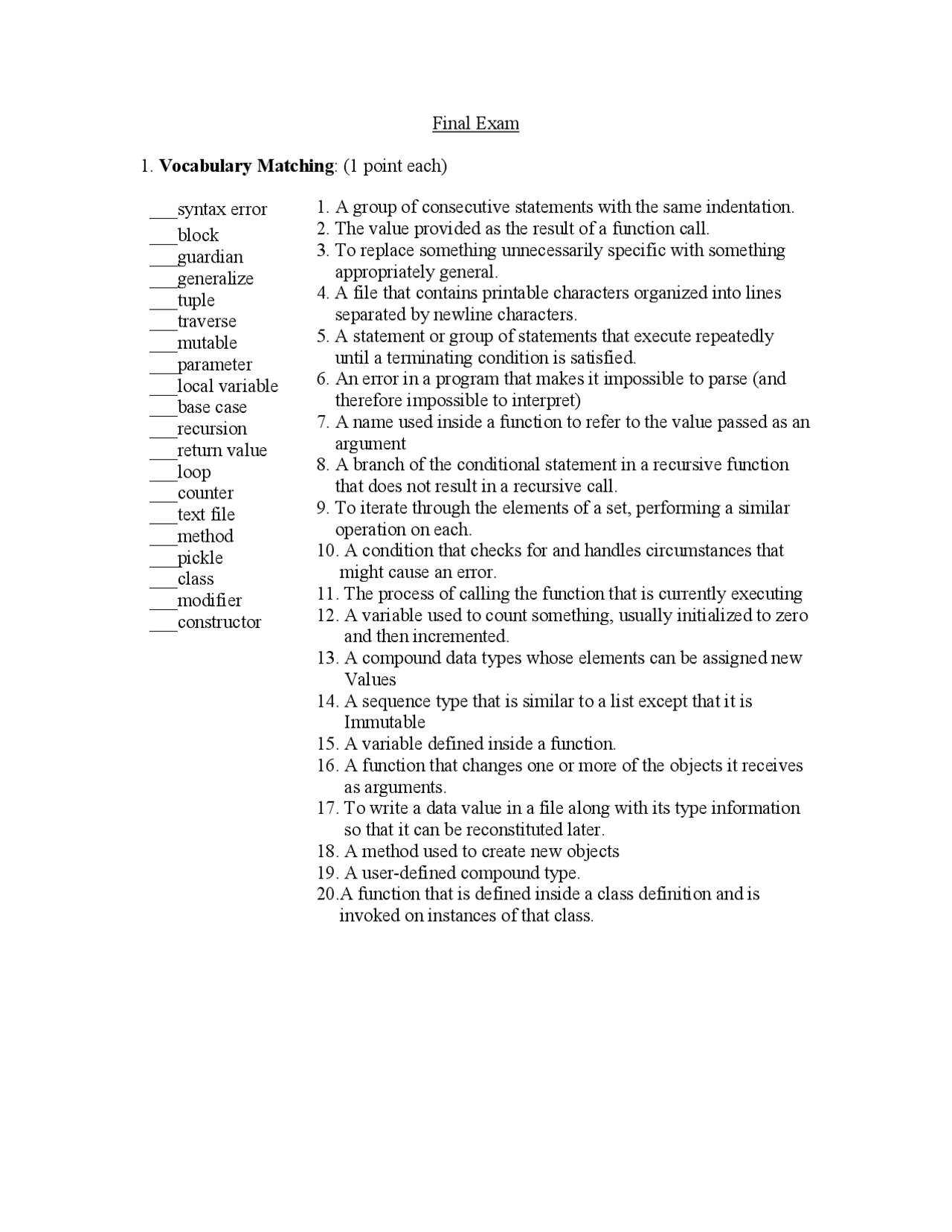 Vocabulary Matching Exercises For Introduction To Computing Exam Cs 1301 Docsity